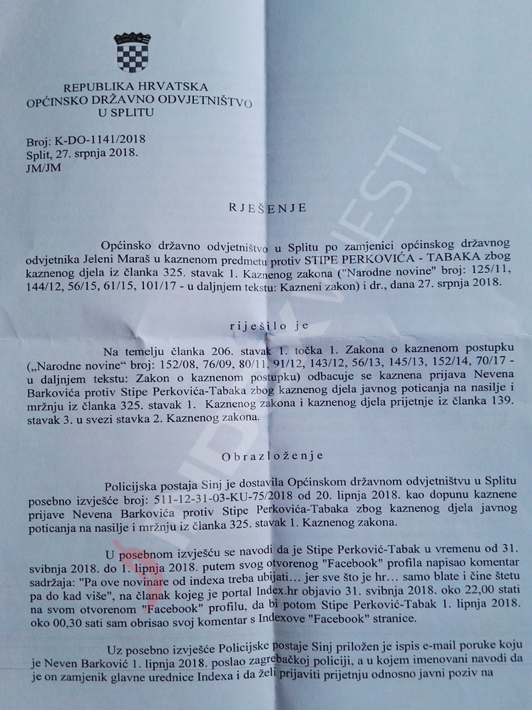 Odbačena kaznena prijava zbog prijetnji novinarima | PDF