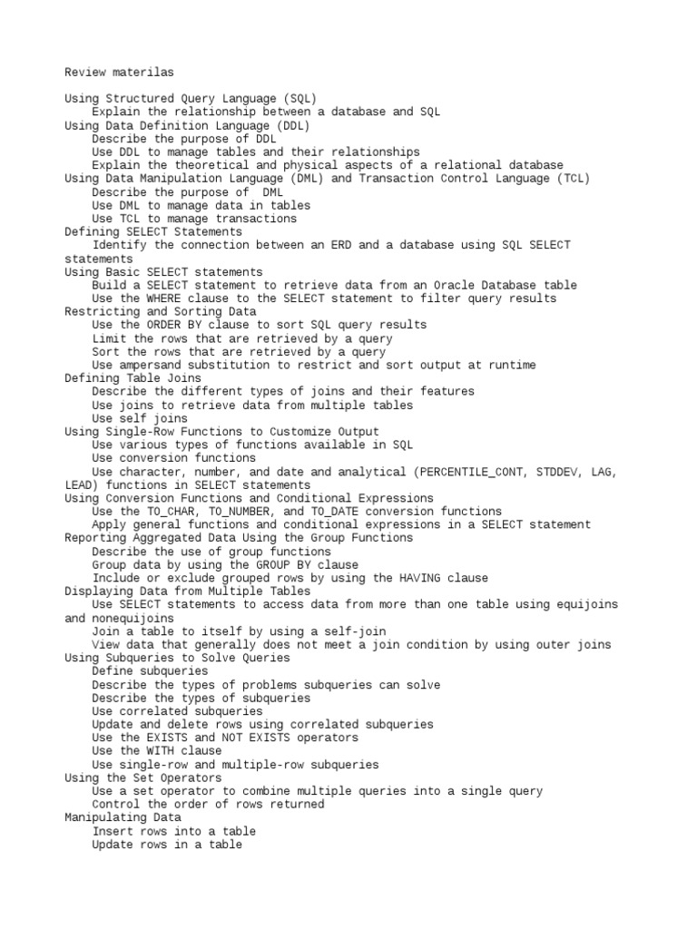 Oracle Database Sql 1z0 071 Review Materilas Pdf Sql Database Index