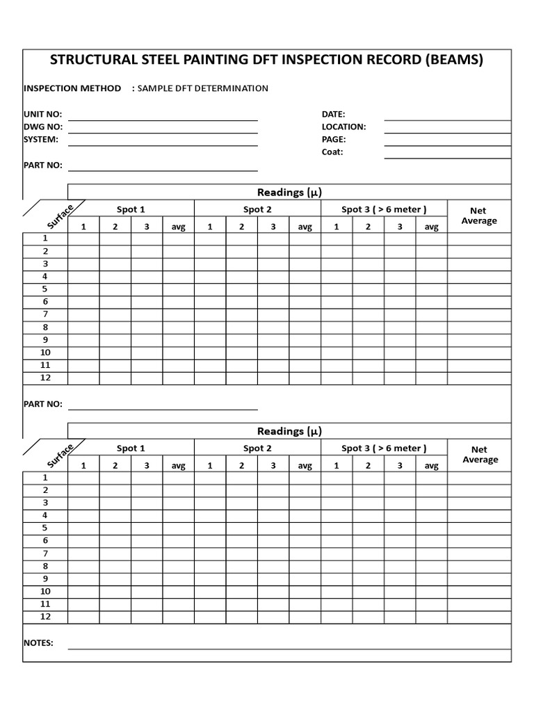 Structural Steel Painting DFT Inspection Record (Beams) : Readings ...