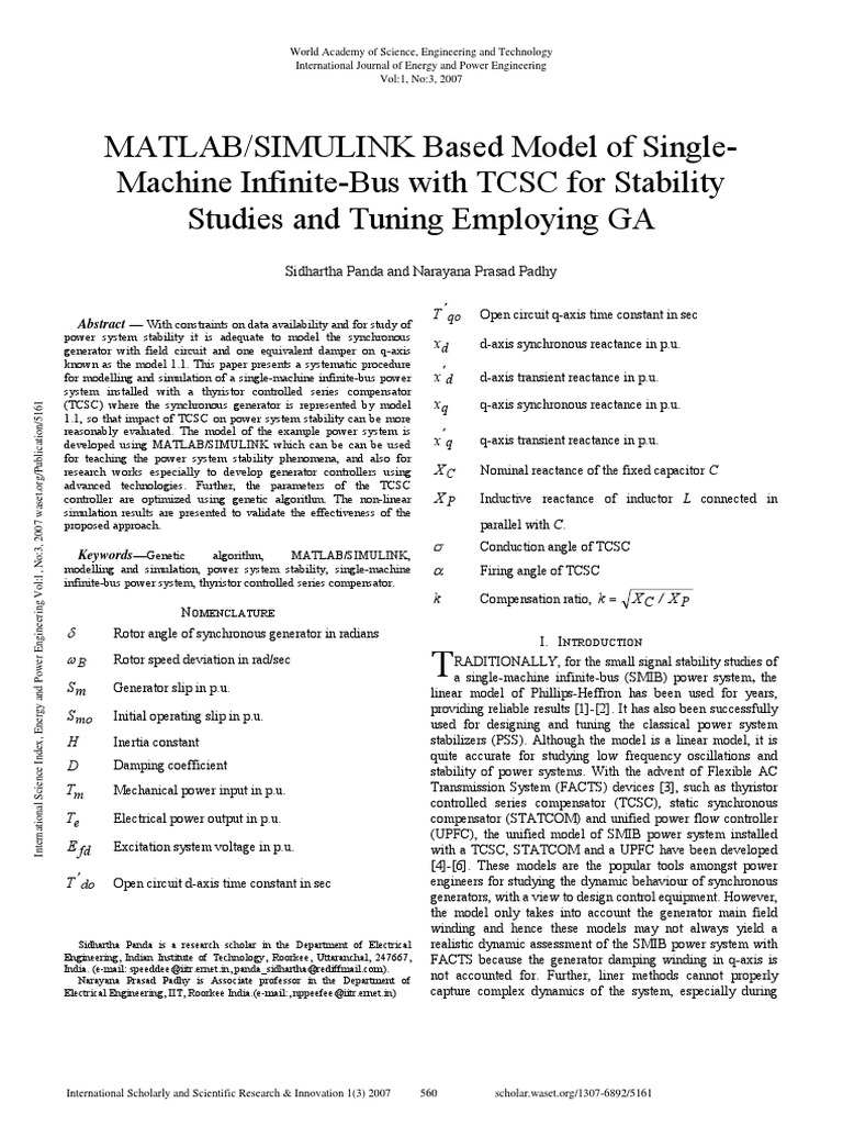MATLABSIMULINK Based Model of Single Machine PDF | PDF | Mathematical Optimization | Control Theory