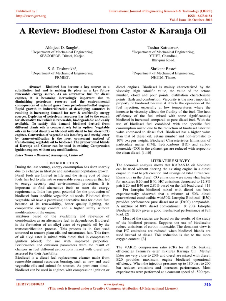 A Review: Biodiesel From Castor & Karanja Oil: Abhijeet D. Sangle ...