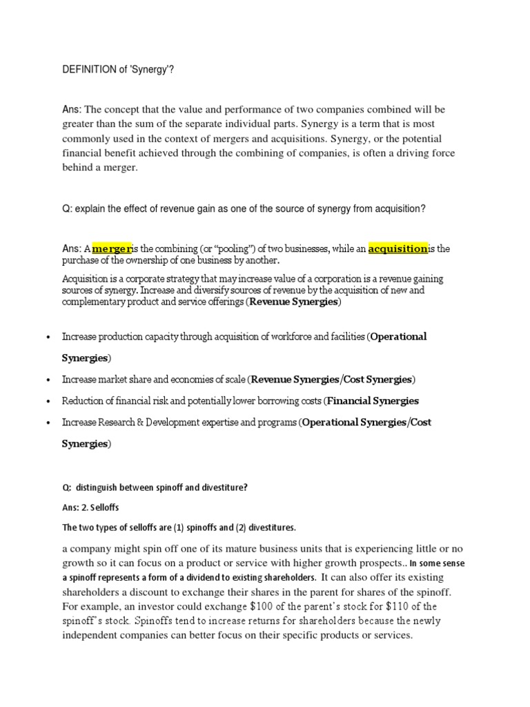 Merger Acquisition: DEFINITION of 'Synergy'? | PDF | Dividend | Mergers ...