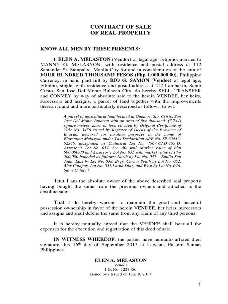Contract of Sale for Real Property | PDF | Property Law | Civil Law ...