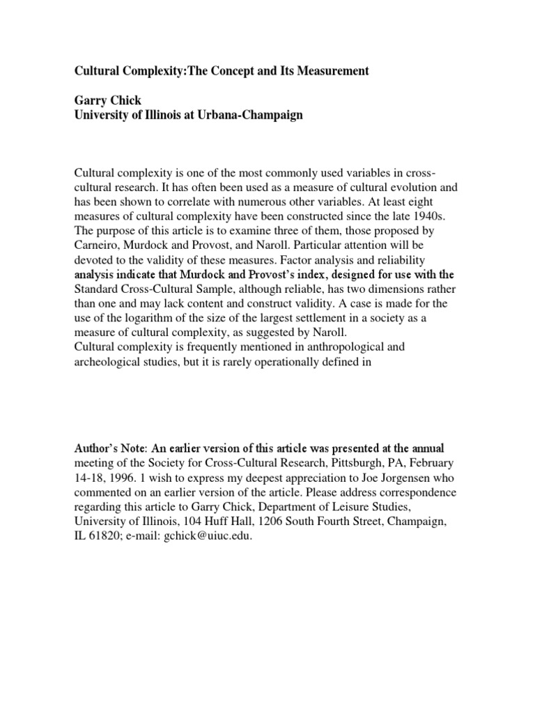 Cultural Complexity:The Concept and Its Measurement Garry Chick ...