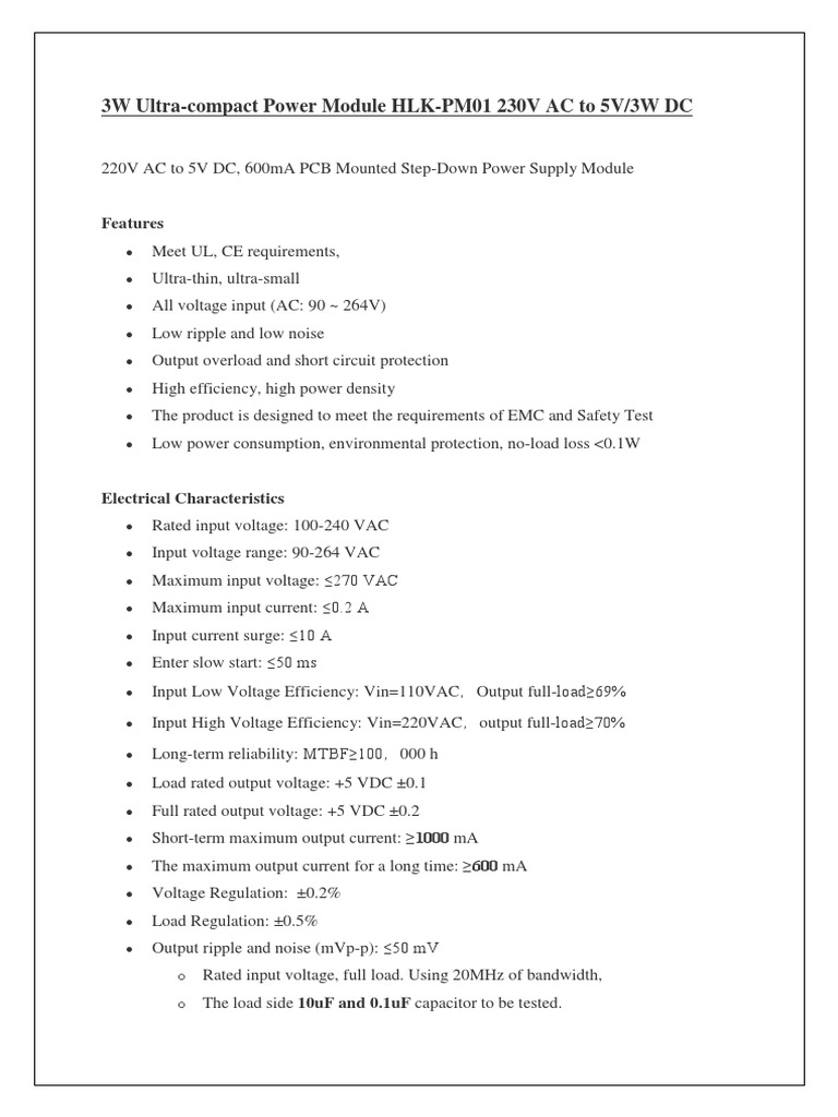 3W Ultra-Compact Power Module HLK-PM01 230V AC To 5V/3W DC: Features | PDF