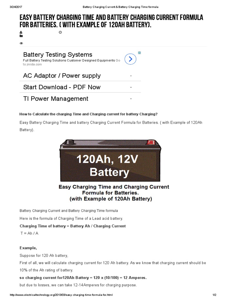 Battery Charging Current & Battery Charging Time Formula | PDF | Battery Charger | Vehicles