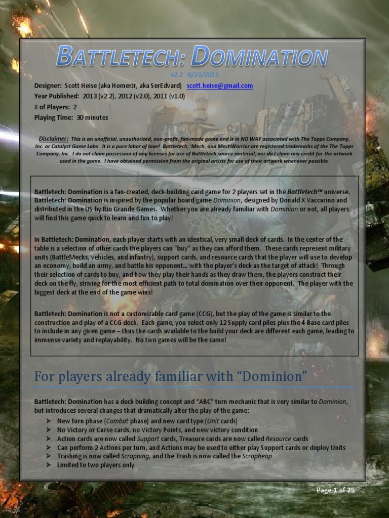 Battletech Domination v2.2 RULEBOOK | PDF | Battle Tech | Military