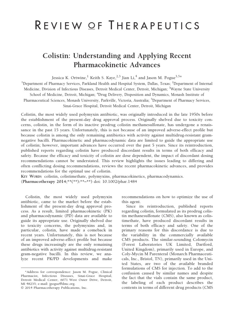 Eview F Herapeutics: Colistin: Understanding and Applying Recent ...