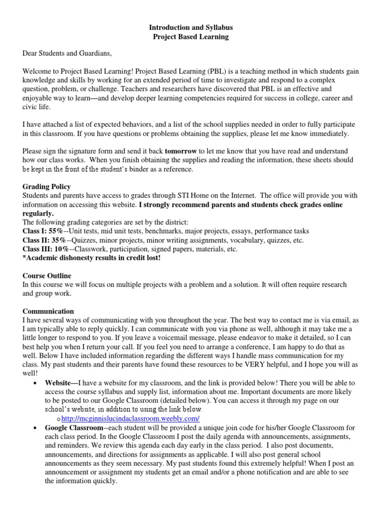 PBL Introduction and Syllabus | PDF | Project Based Learning | Behavior ...