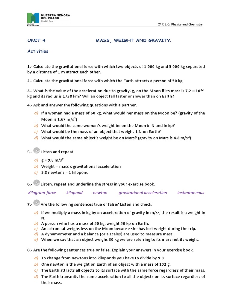 Mass, Weight, and Gravity Activities | PDF | Social Science | Science ...