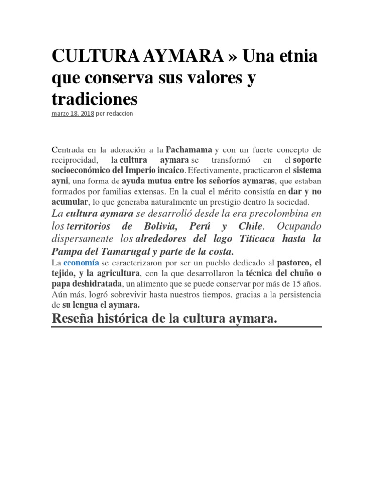 Valores y Tradiciones de la Cultura Aymara | PDF | Imperio Inca ...