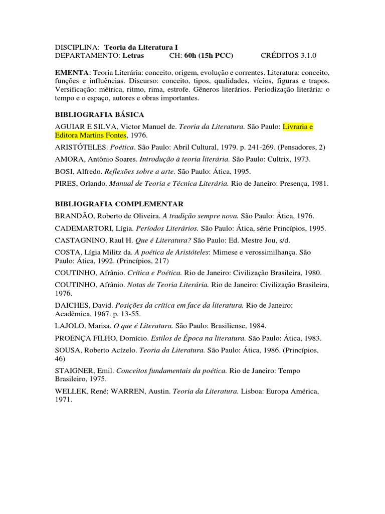 Teoria Da Literatura I (Ementa) | PDF