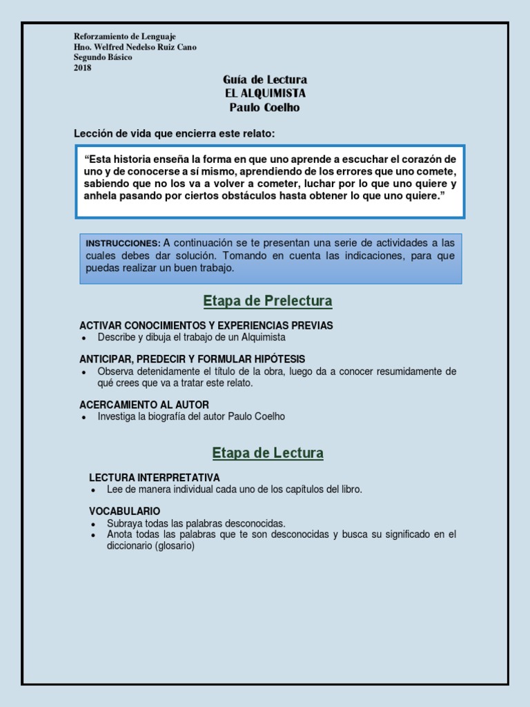 Guía de Lectura: El Alquimista | PDF | Lectura (proceso) | Alquimia