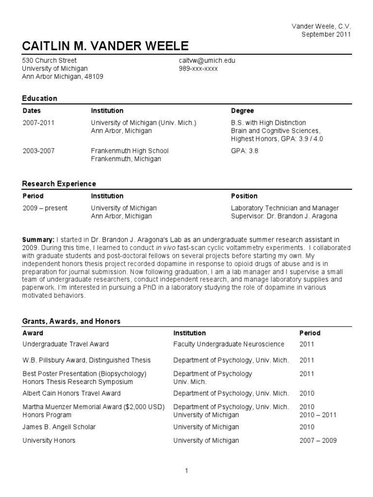 CVanderWeele CV 2011 | PDF | University Of Michigan | Neuroscience
