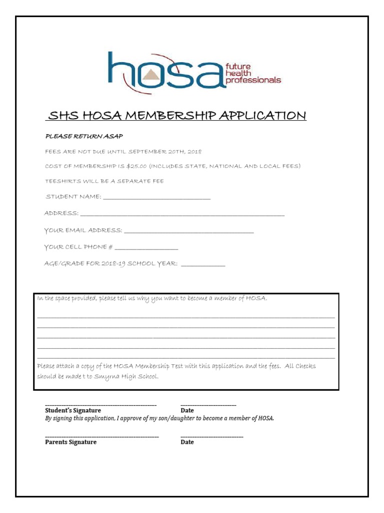 shs hosa application for memebership