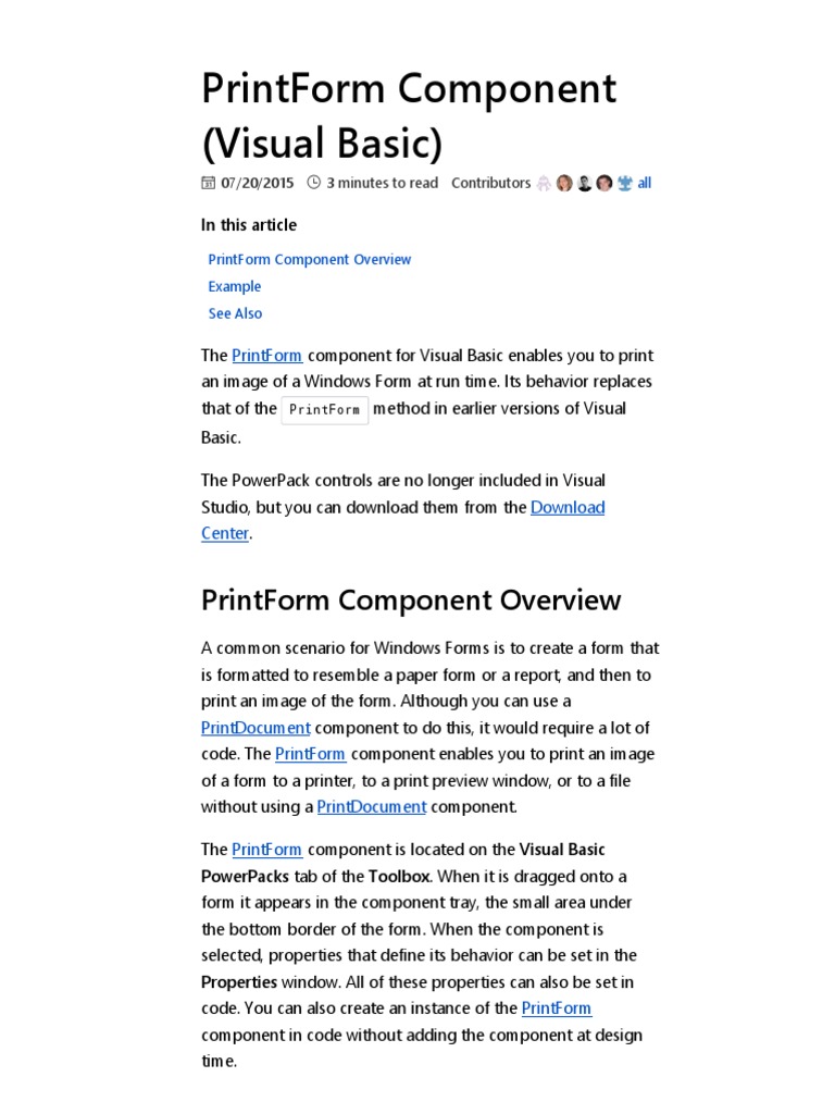 PrintForm Component (Visual Basic) - Microsoft Docs PDF | PDF | Printer (Computing) | Basic