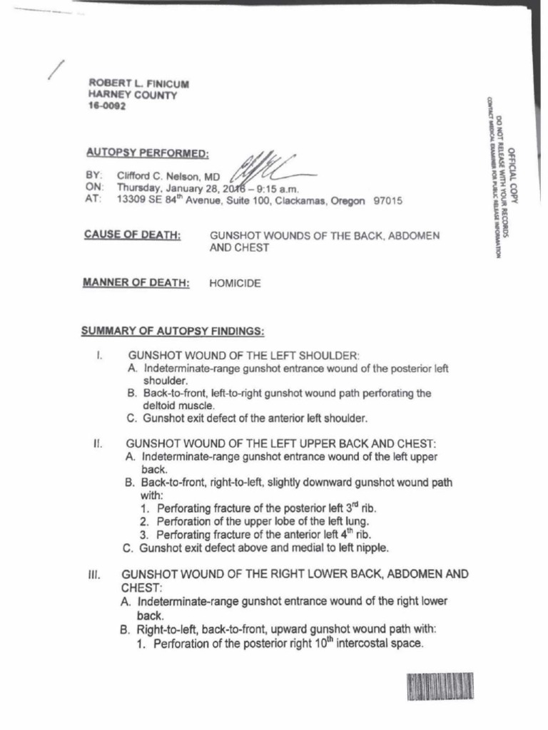 Robert Finicum Autopsy Report Summary | PDF | Anatomical Terms Of ...