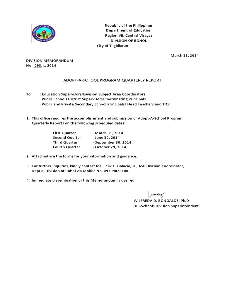 Adopt-A-School Program Quarterly Report | PDF | Schools | Behavior ...