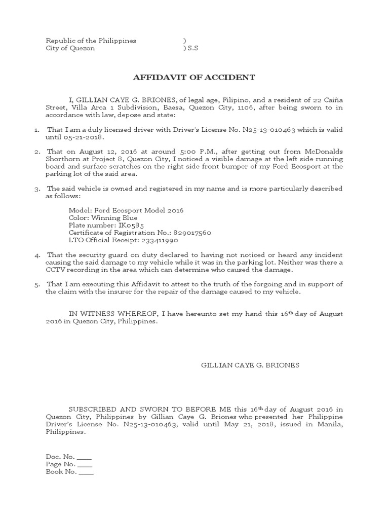 Affidavit of Accident | PDF