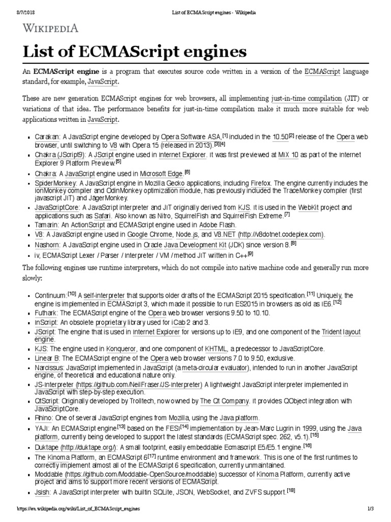 List of ECMAScript Engines - Wikipedia | PDF | Java Script | Software