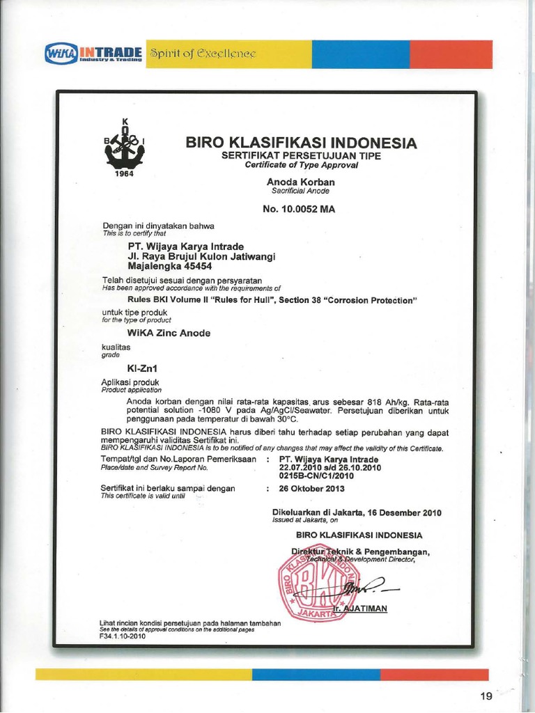 Copy Certificate BKI WIKA Zinc Anode | PDF