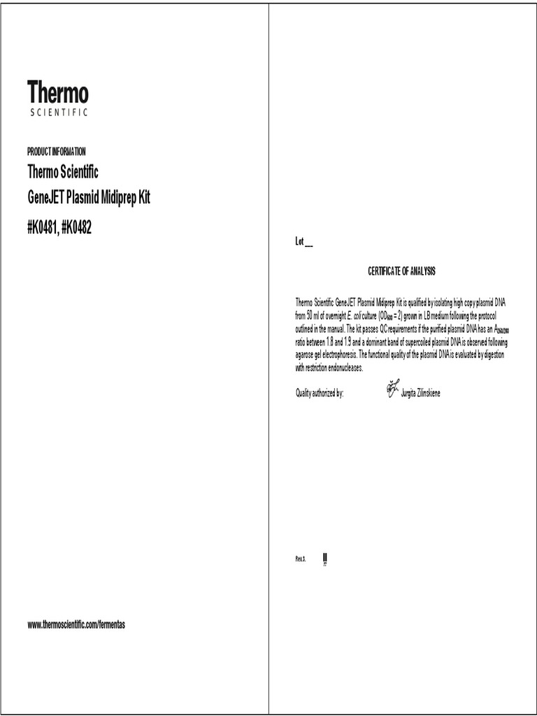 Thermo Scientific Genejet Plasmid Midiprep Kit #K0481, #K0482 | PDF ...