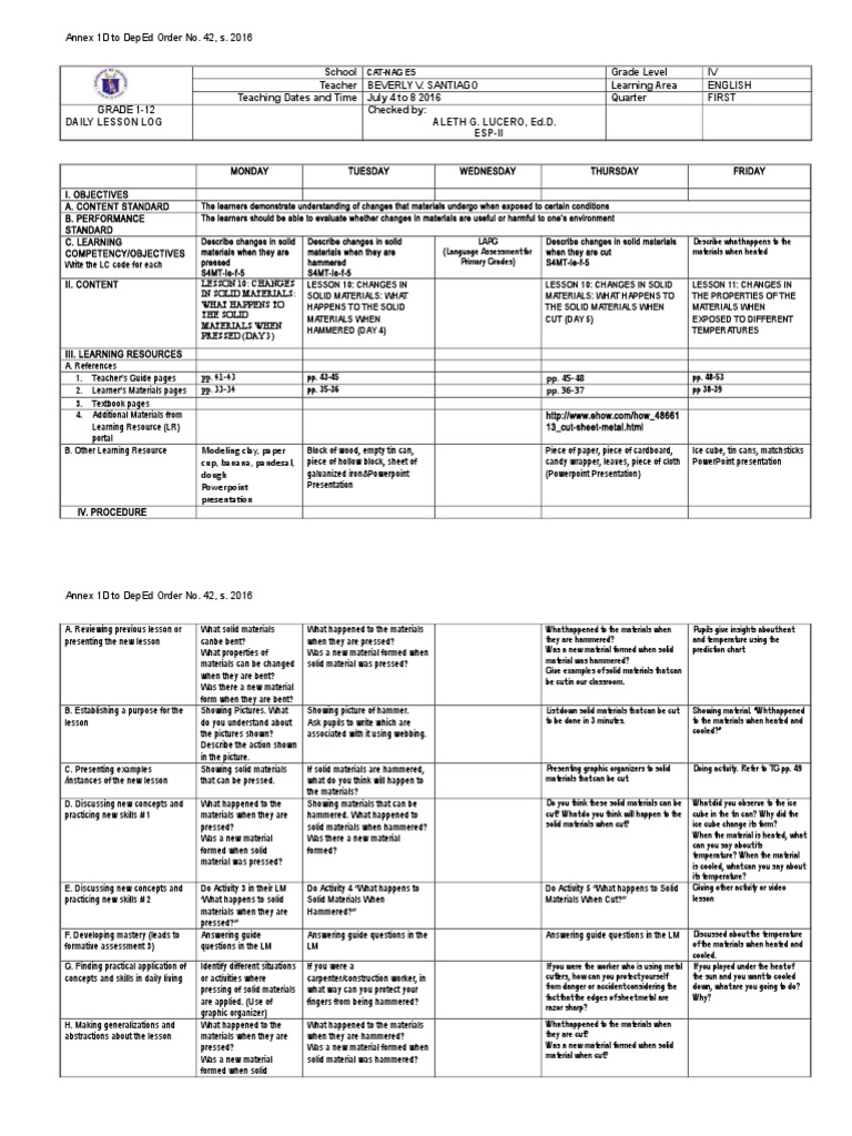 DepEd Order Annex 1D Daily Lesson Log | PDF | Solid | Teaching