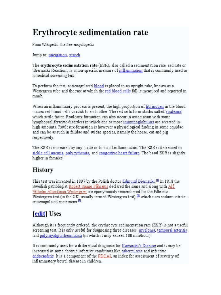 Erythrocyte Sedimentation Rate | PDF | Immunology | Epidemiology