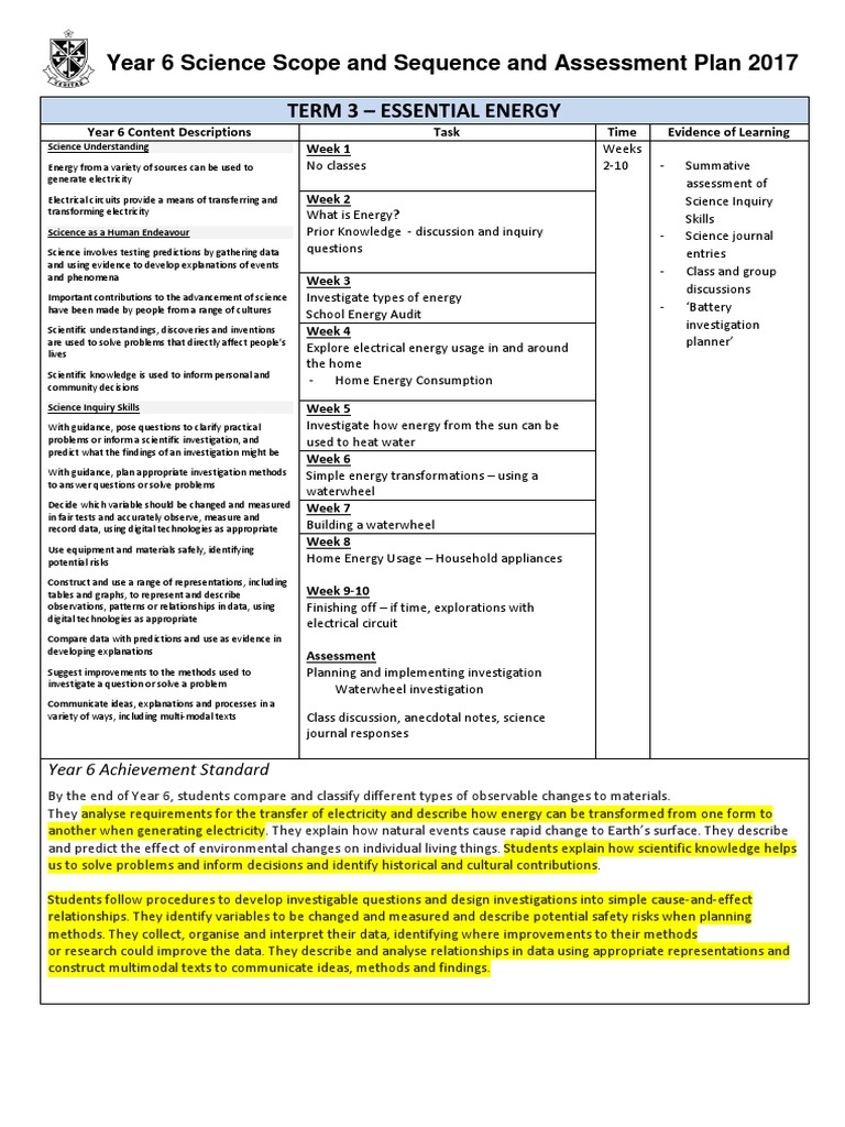 Year 6 Science Unit Plan Essential Energy Term 3 2017 Updated | PDF ...