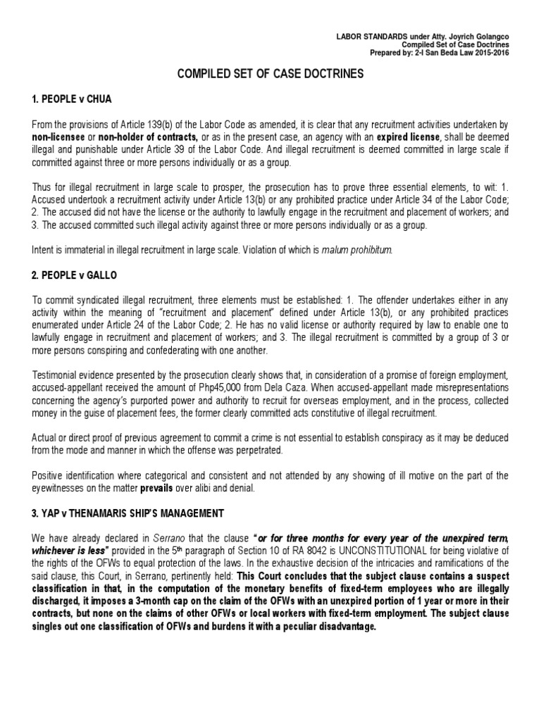 Labstand Compiled Set of Case Doctrines | PDF | Apprenticeship | Employment