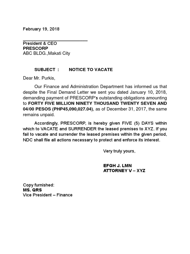 Notice To Vacate Sample | PDF