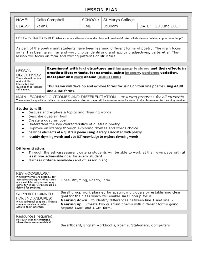 Lesson Proforma - Quatrain | PDF | Poetry | Lesson Plan