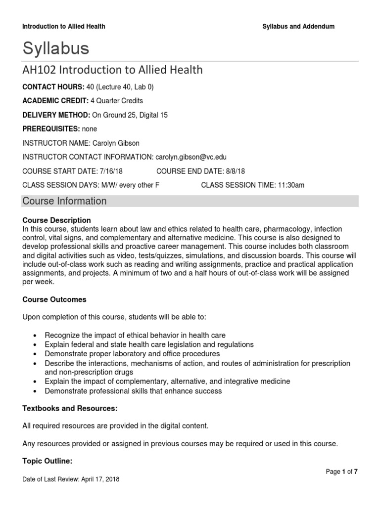 Allied Health Course Syllabus Overview | PDF | Alternative Medicine ...