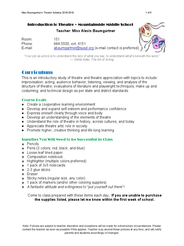 Theatre Syllabus | PDF | Homework | Teachers