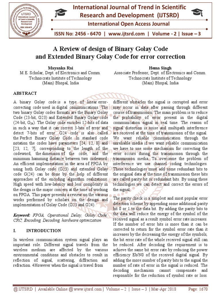A Review Of Design Of Binary Golay Code And Extended Binary Golay Code For Error Correction
