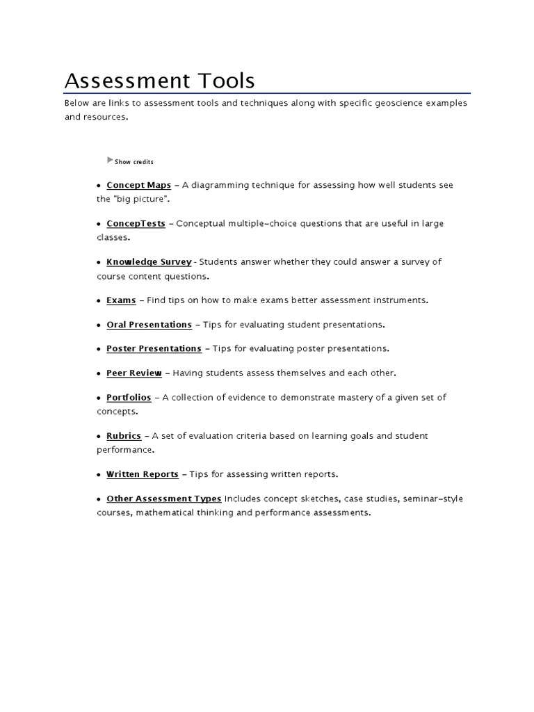 Assessment Tools: Show Credits | PDF