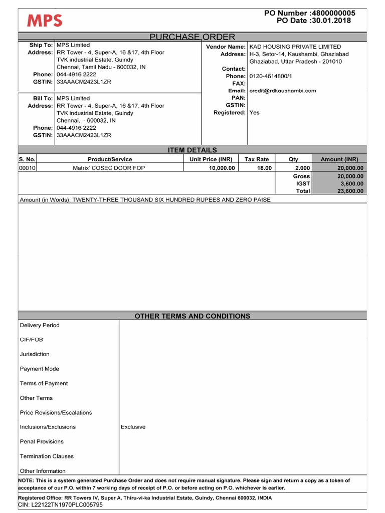 Purchase Order Purchase Order: Item Details Item Details | PDF ...