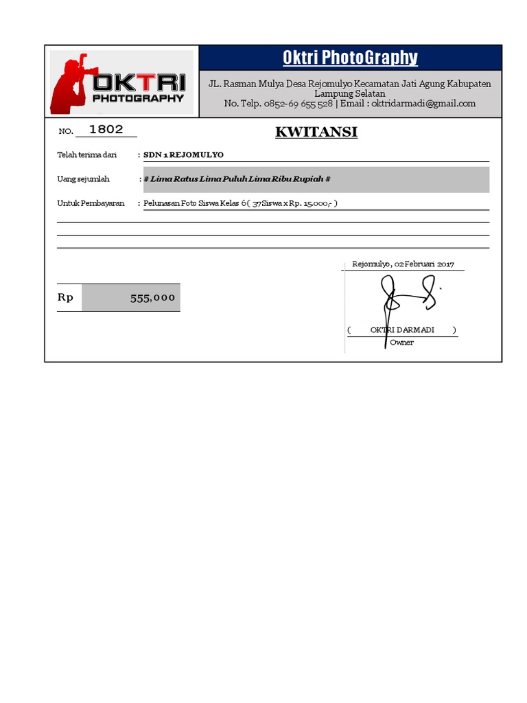 Template Kwitansi Fotografi Excel | PDF