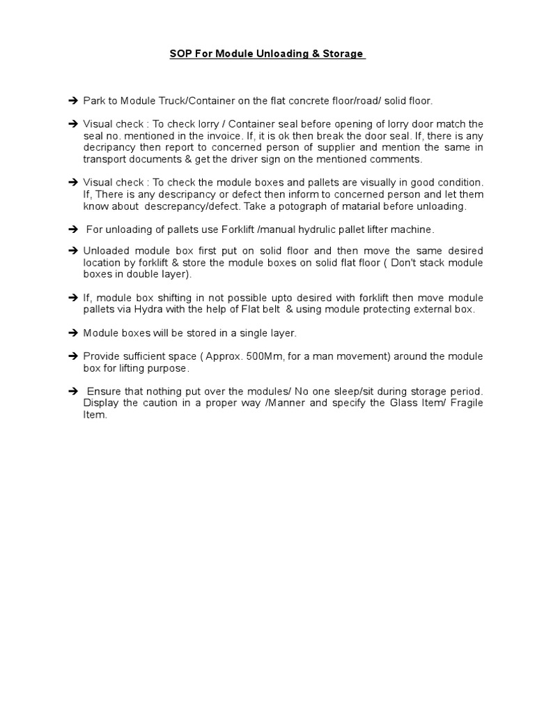 SOP Module Unloading & Storage | PDF