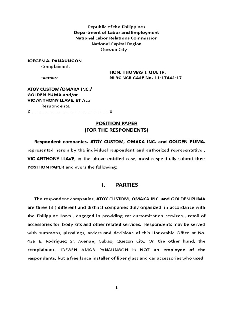 Position Paper (For The Respondents) : I. Parties | PDF | Employment ...