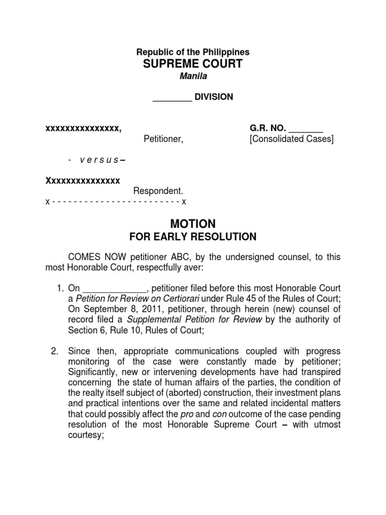 Sample Motion For Early Resolution | PDF | Government | Justice