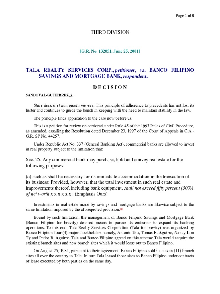Tala Realty Services Corp., Petitioner, vs. Banco Filipino Savings and ...