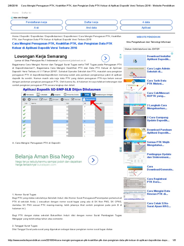Cara Mengisi Penugasan PTK, Keaktifan PTK, Dan Pengisian Data PTK Keluar Di Aplikasi Dapodik | PDF