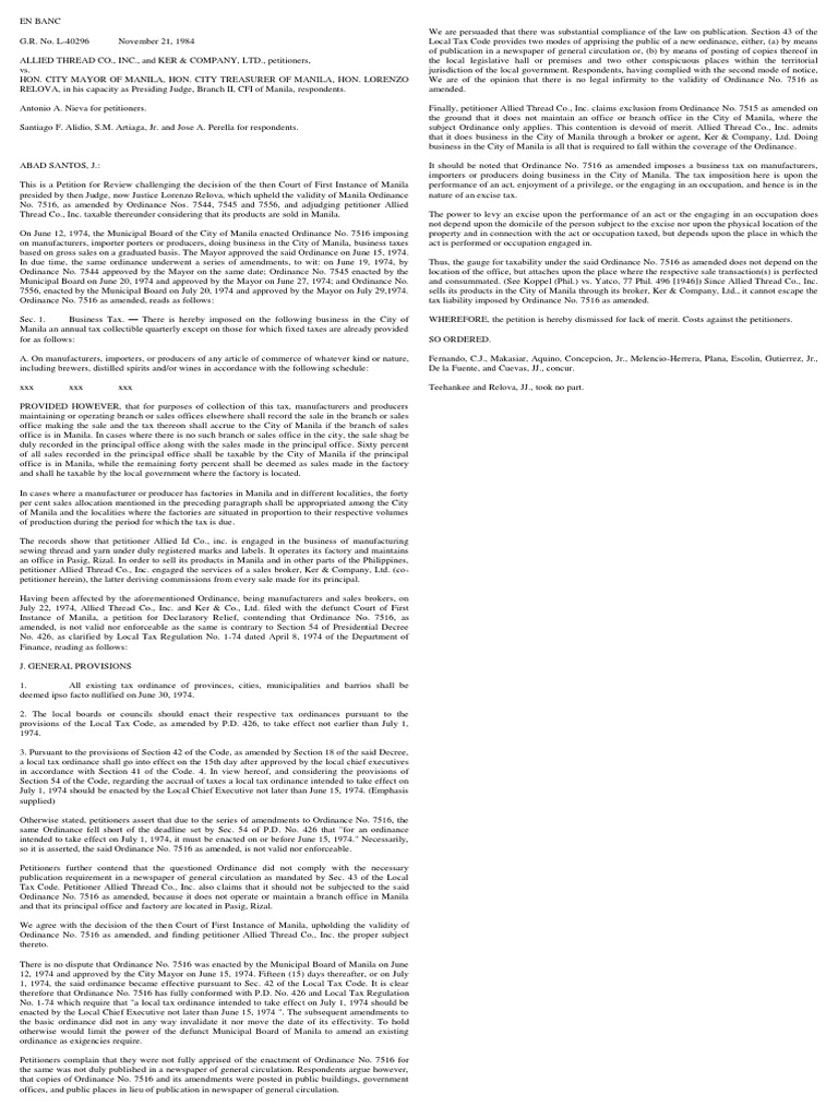 5 - Allied Thread v. City of Manila G.R. No. L-40296 November 21, 1984 ...