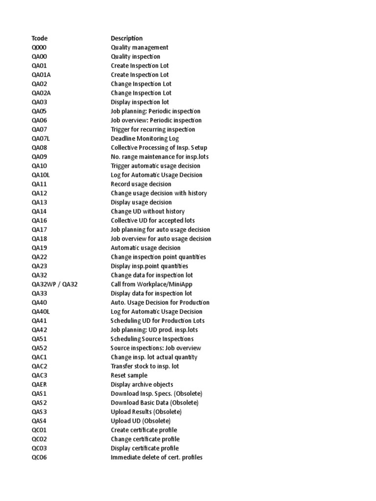 List of SAP QM T-Codes | Download Free PDF | Quality Assurance ...