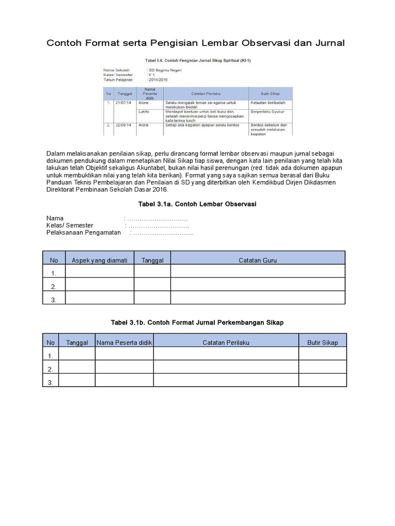 Contoh Format Serta Pengisian Lembar Observasi Dan Jurnal | PDF