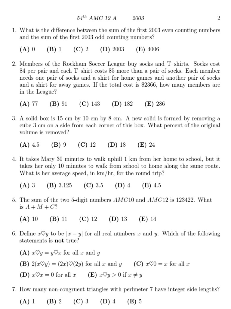 2003 AMC 12 A Problem Set | PDF | Area | Triangle