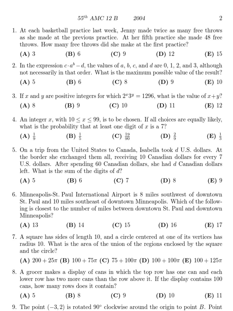 AMC 12B 2004 Problem Set | PDF | Radius | Sphere