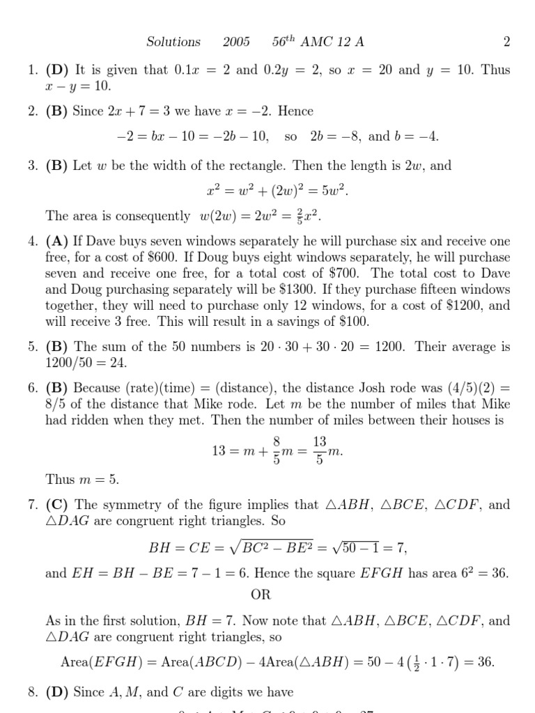 2005 AMC 12A Solutions | PDF | Sphere | Area