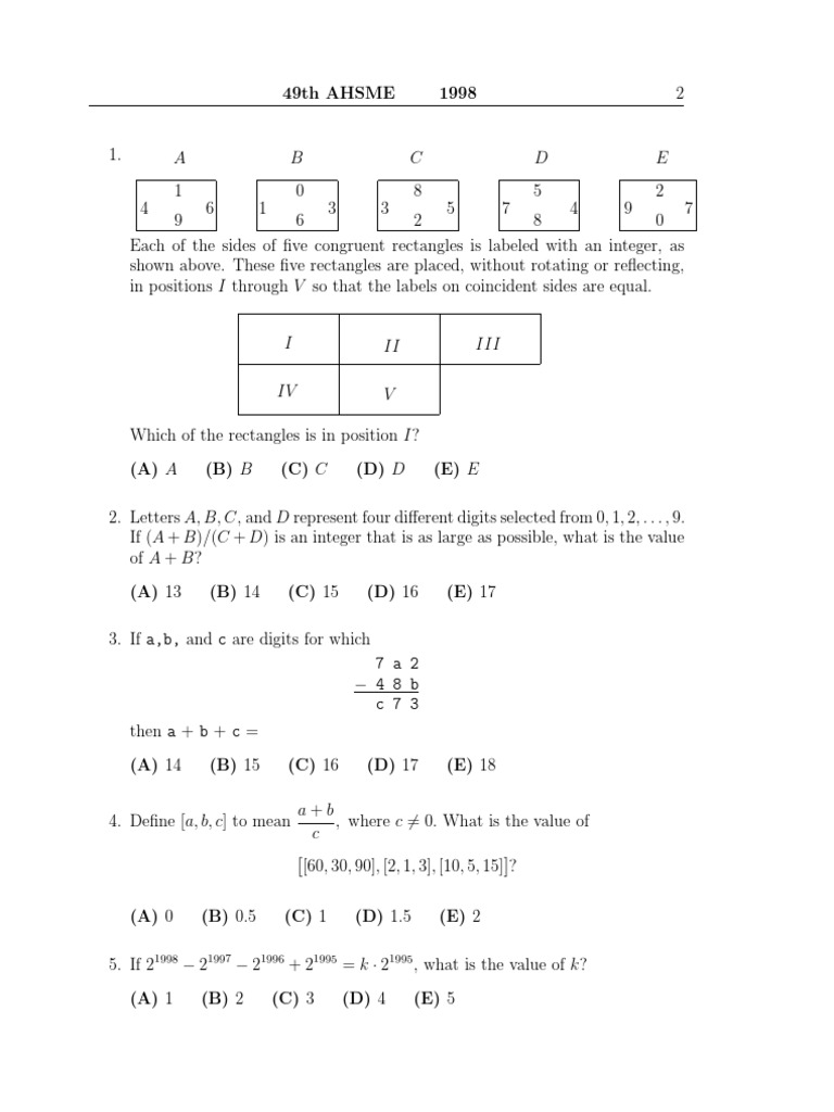 AHSME 1998 Problems | PDF | Area | Vertex (Graph Theory)
